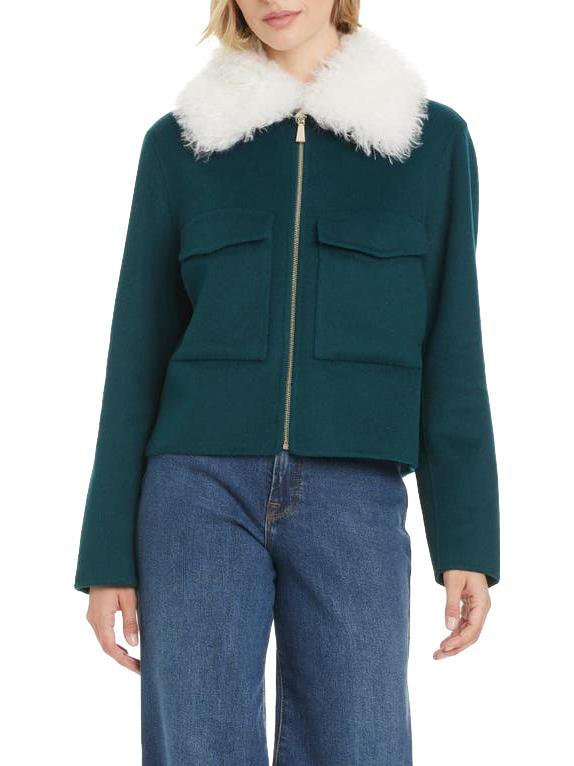 KATE SPADE NEW YORK Kate Spade Wool Blend Jacket with Removable Faux Shearling Collar